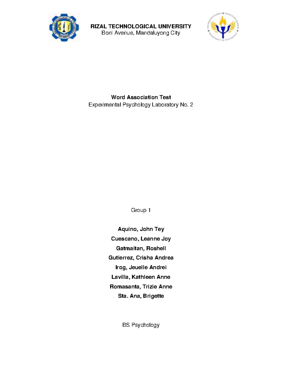 GRP 1 Word Association Test Lab Experiment Report ACT 2 - Studocu