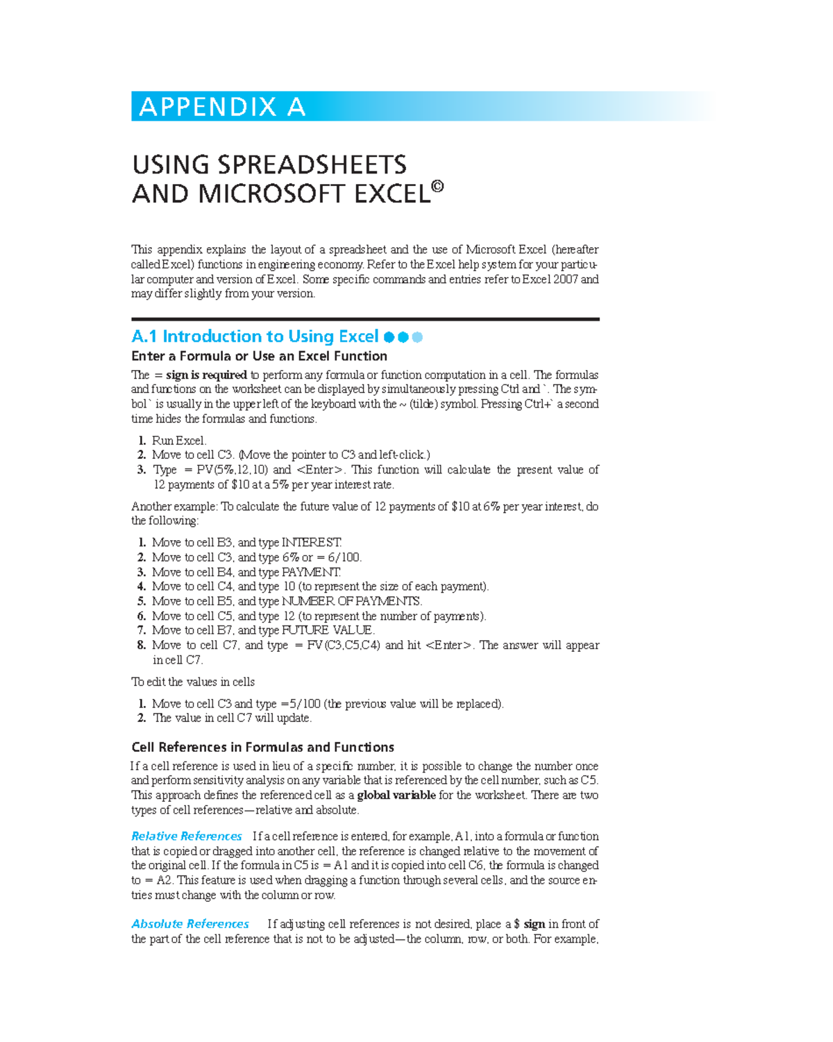 Using Spread- Sheets & Excel - APPENDIX A USING SPREADSHEETS AND ...