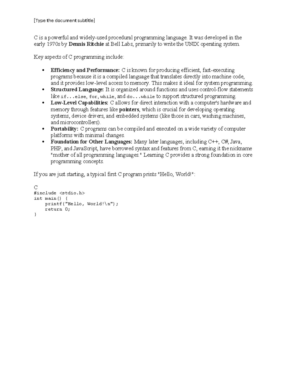 C Programming Overview: Key Features and Historical Context - Studocu