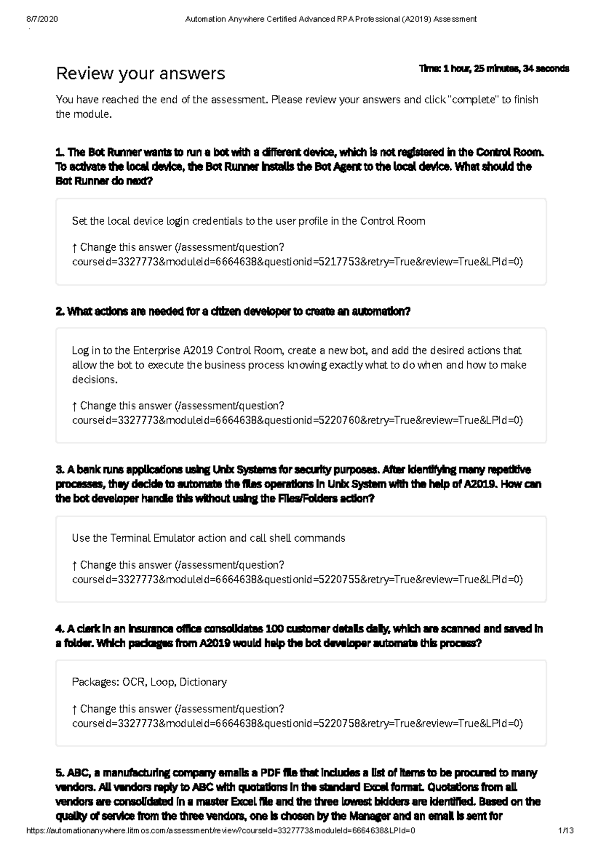 Automation Anywhere Certified Advanced RPA Professional (A2019 ) Assessment 88 - Review your ...