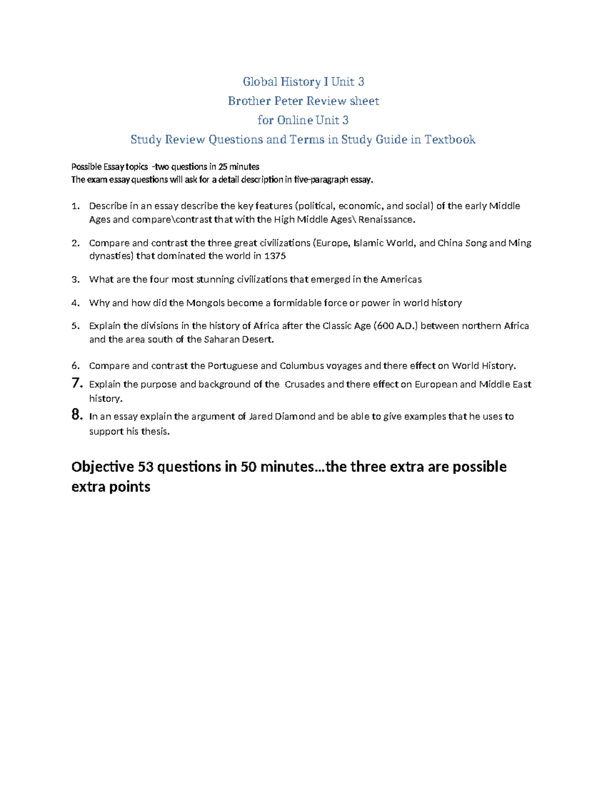 Global History I Unit 3 Review Sheet and Essay Topics - Global History ...