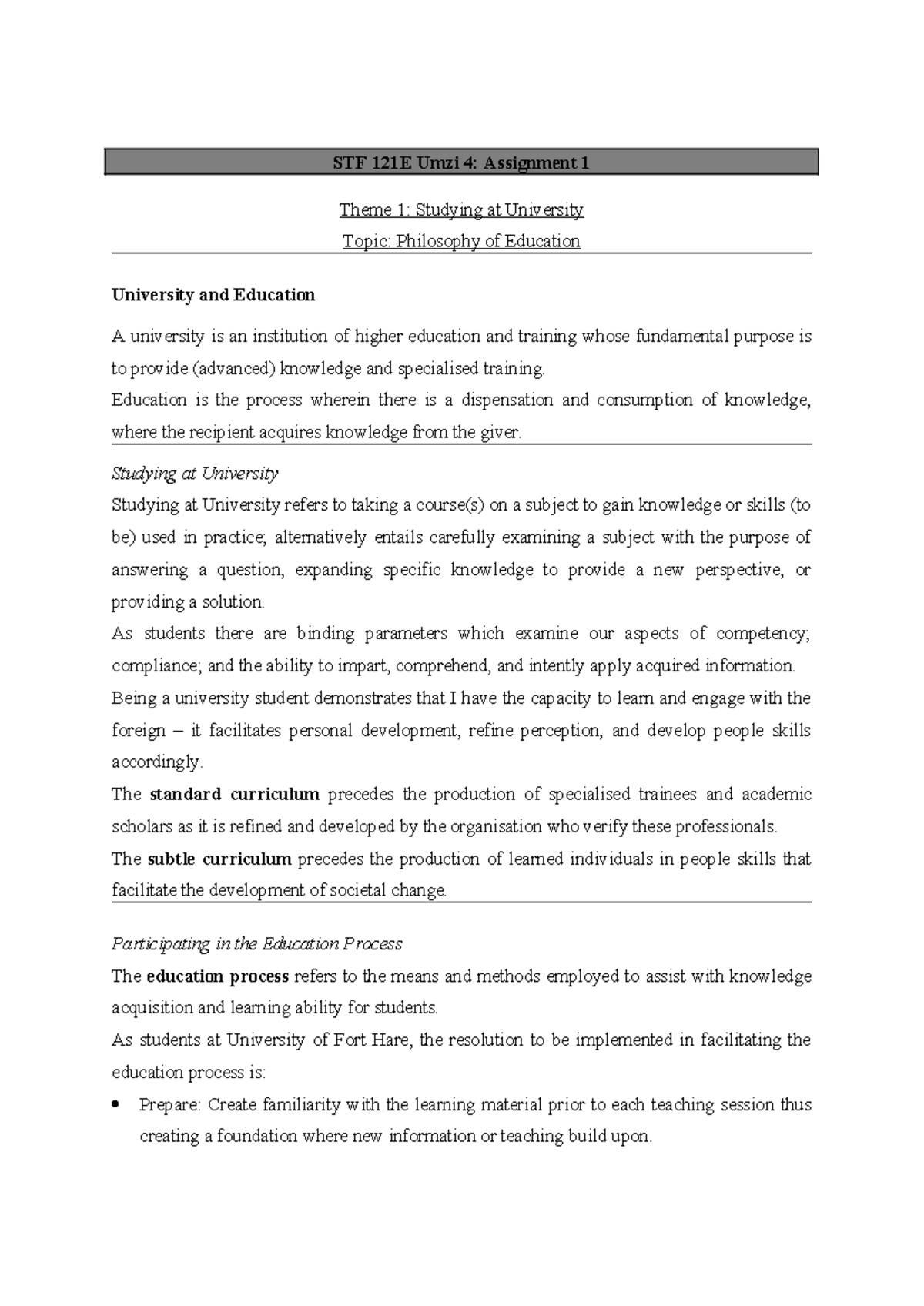 STF 121E Umzi 4 - Assignment 1: Philosophy of Education Overview - Studocu