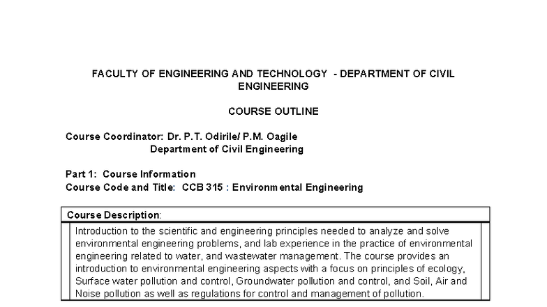 CCB 315: Environmental Engineering Course Outline - 2024 - Studocu