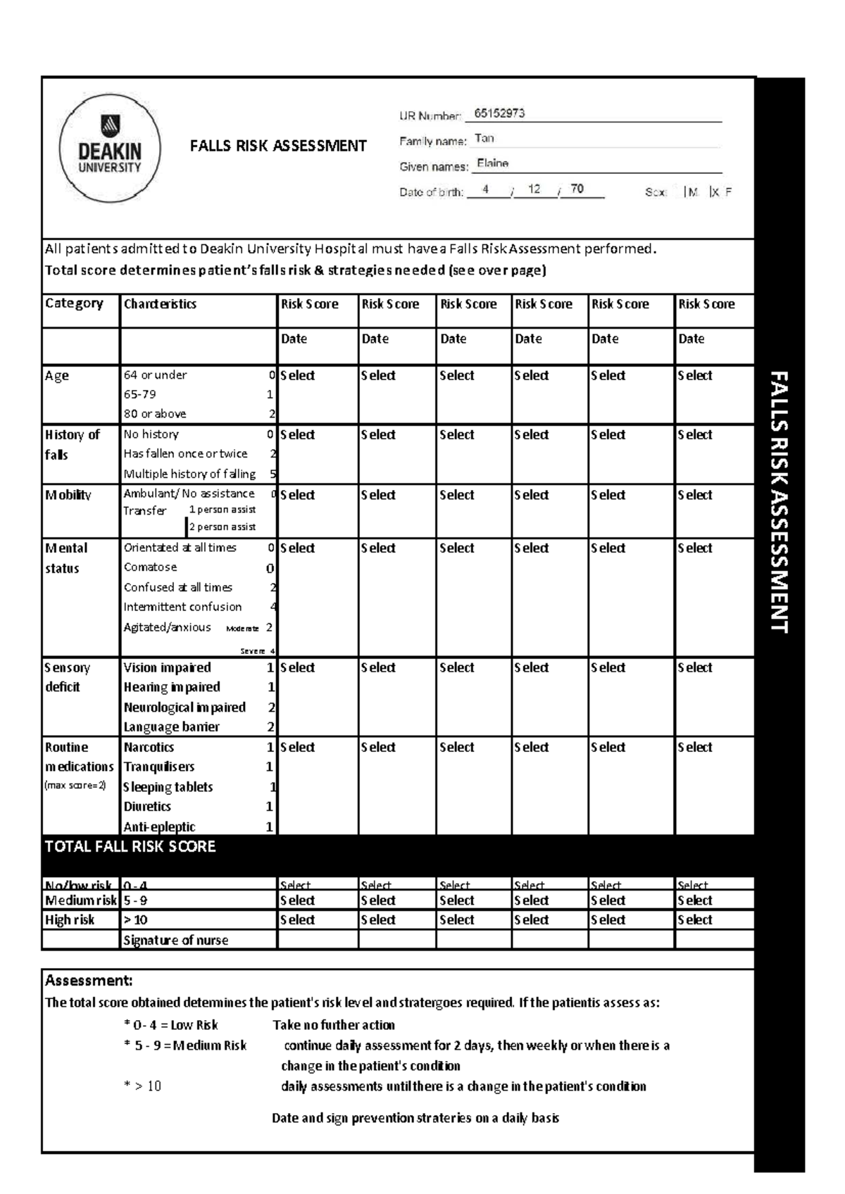 FALLS RISK ASSESSMENT: Guidelines for Deakin University Hospital - Studocu