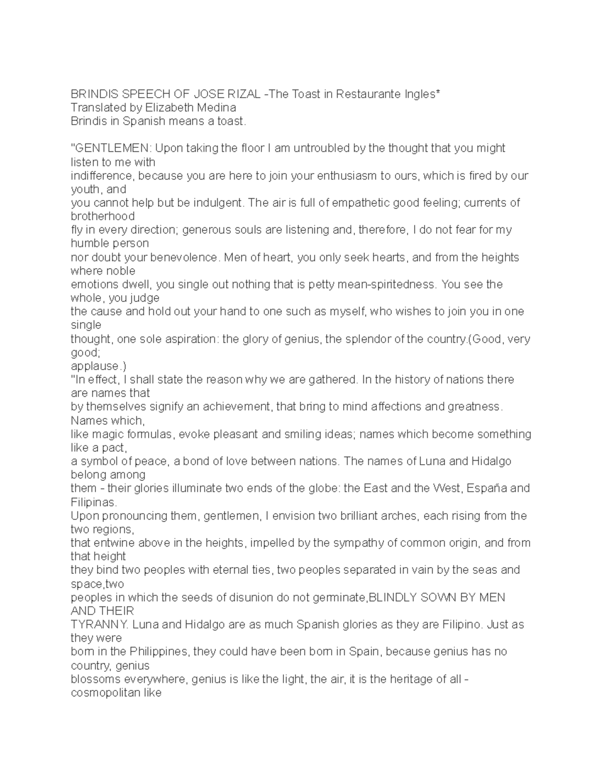 Brindis Speech of José Rizal: A Toast to Unity and Glory - Studocu