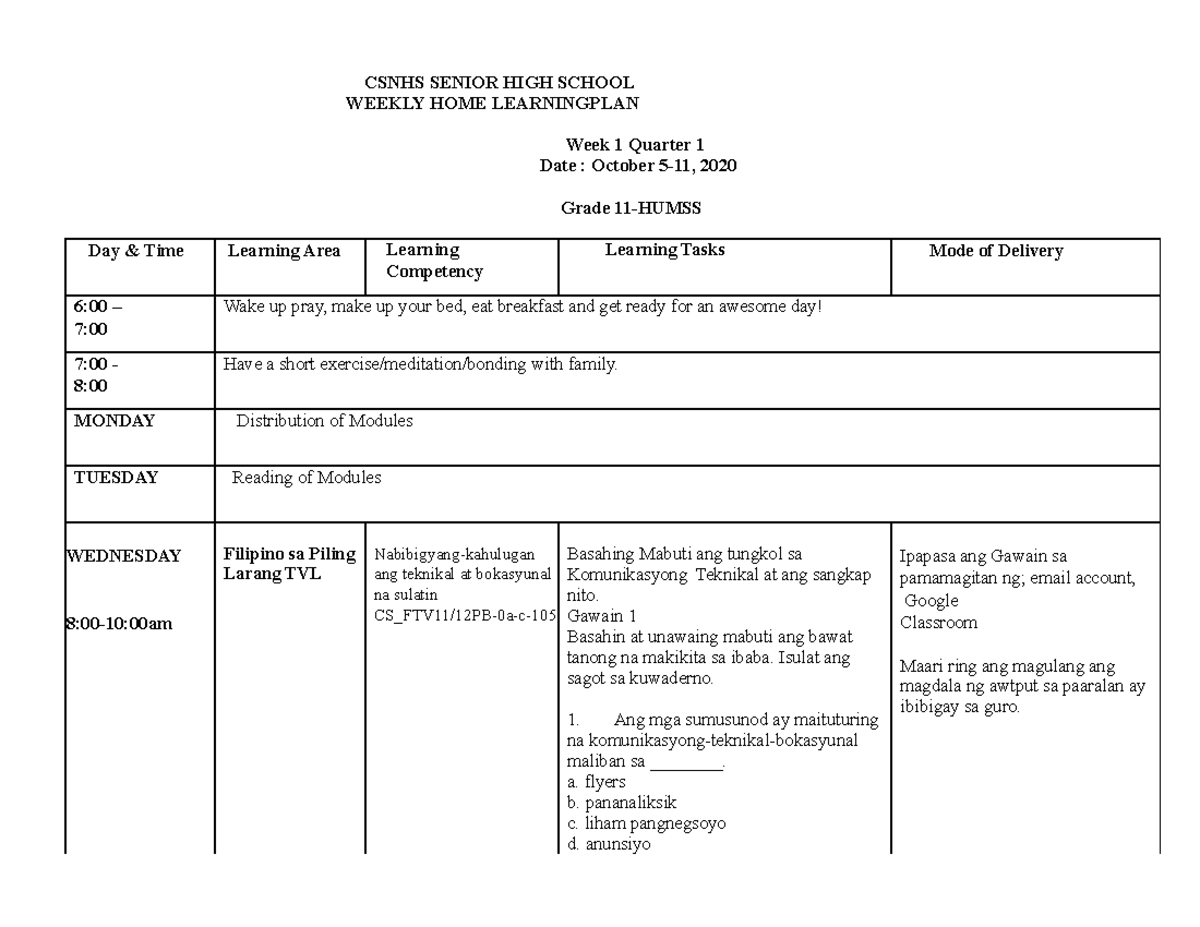Weekly Home Learning Plan SHS - CSNHS SENIOR HIGH SCHOOL WEEKLY HOME ...