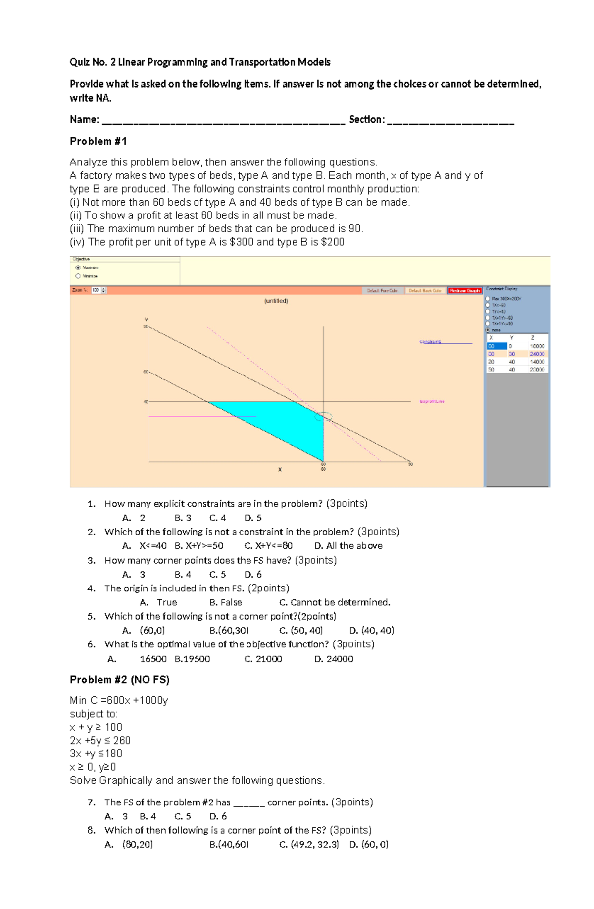 Quiz Linear Programming and Transportation Model - Quiz No. 2 Linear Programming and ...
