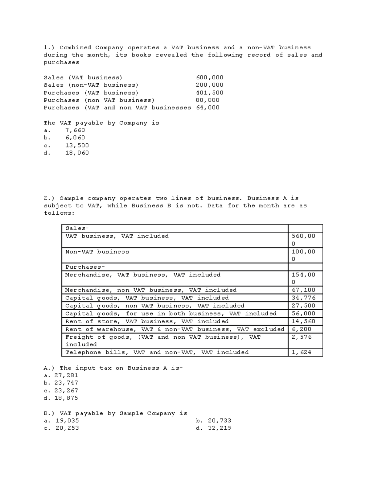 VAT Problems Review for Accounting 101 - Sample Questions - Studocu