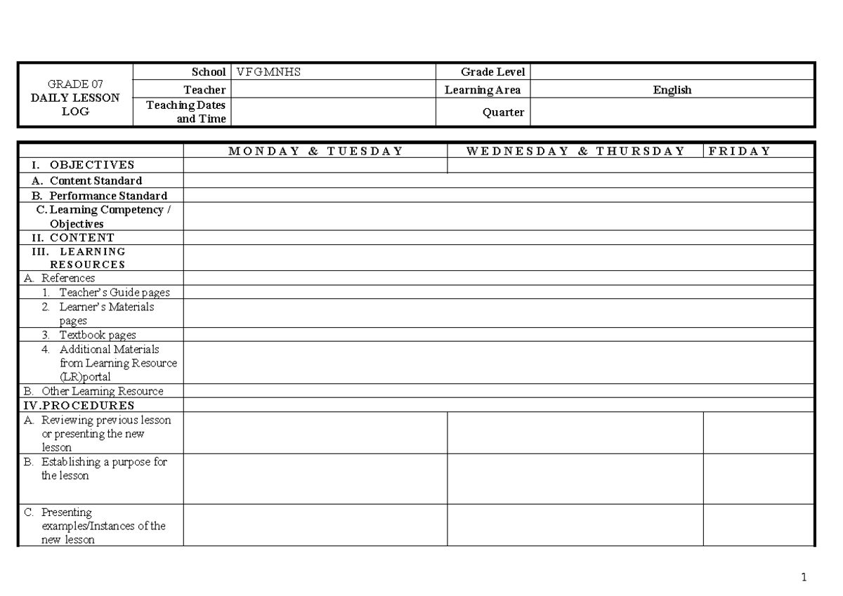 GRADE 07 DAILY LESSON LOG (DLL) - VFGMNHS Teaching Plan - Studocu