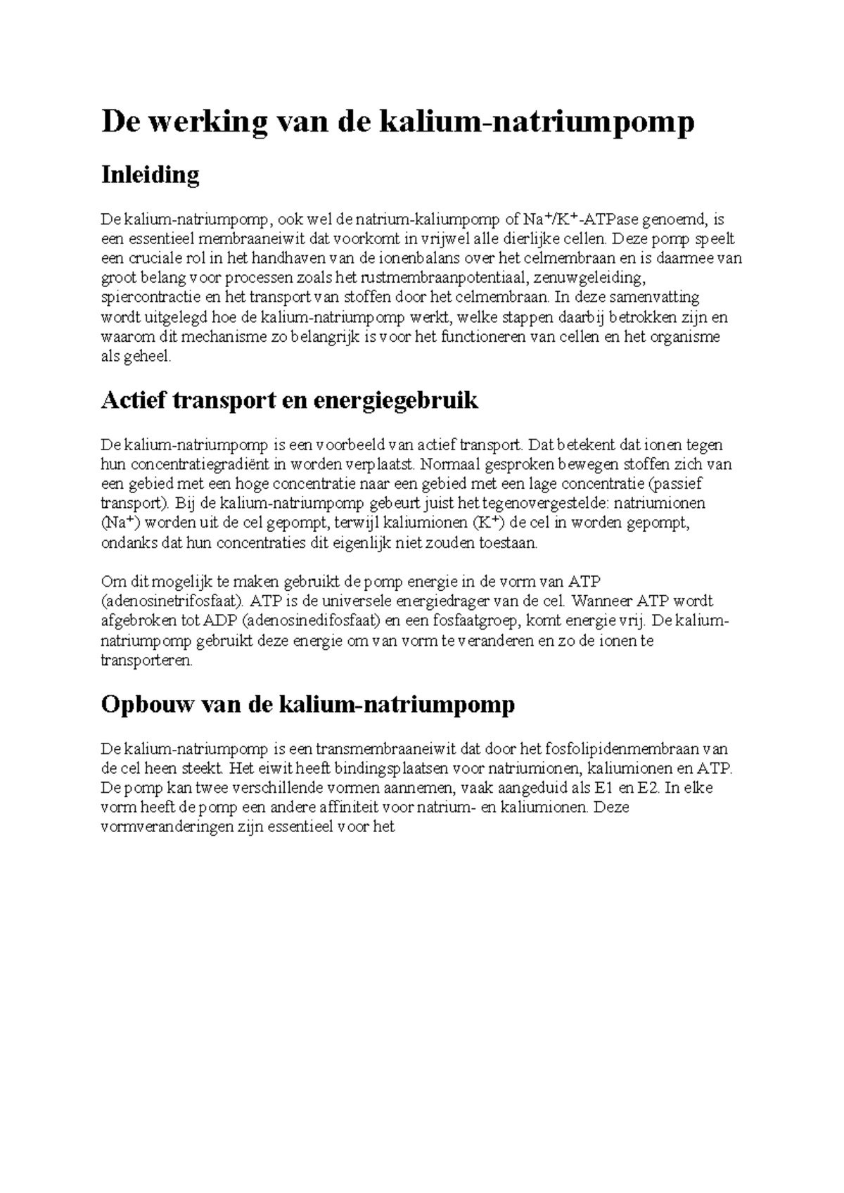 De werking van de kaliumnatriumpomp: Essentieel voor celfuncties - Studocu