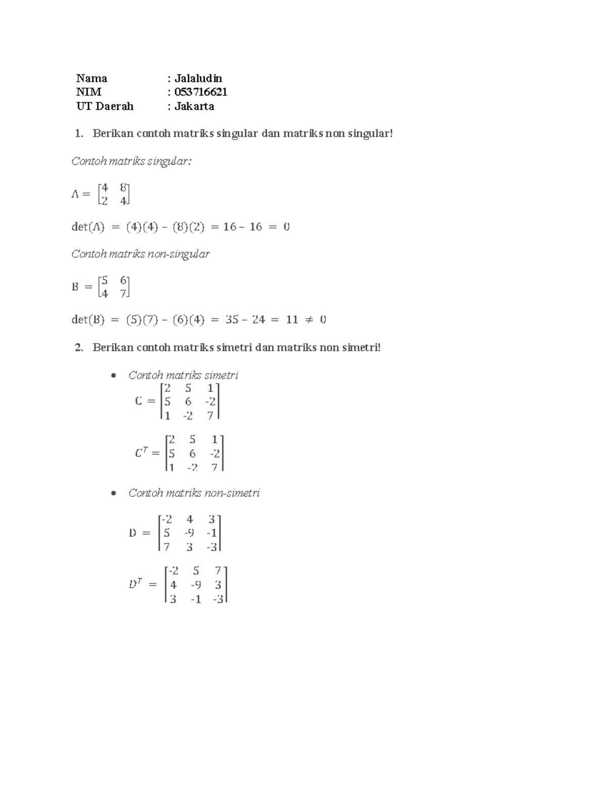 Contoh Matriks: Singular, Non-Singular, Simetri & Non-Simetri (ALJ 1 ...