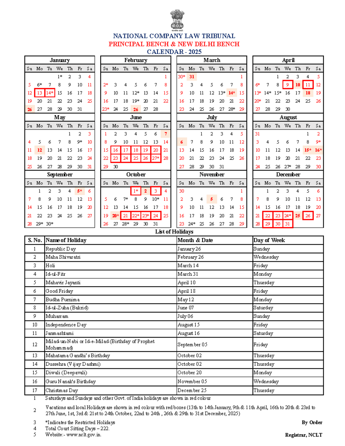 NCLT Bench Calendar 2025: Important Dates & Holidays Overview - Studocu