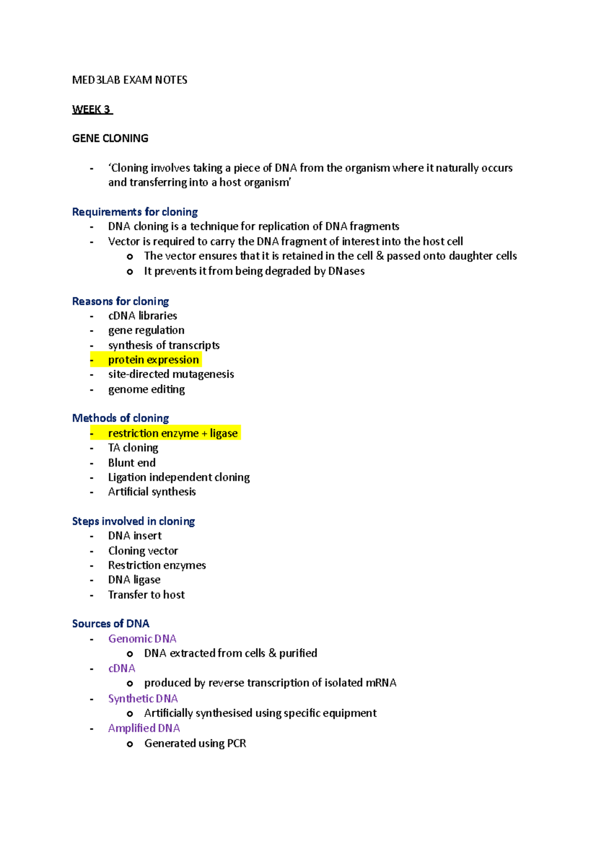 MED3LAB EXAM Notes - MED3LAB EXAM NOTES WEEK 3 GENE CLONING ‘Cloning ...