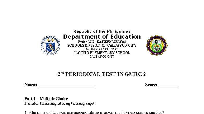 DTC PT GMRC 2 2nd Periodical Test with Key to Correction - Studocu