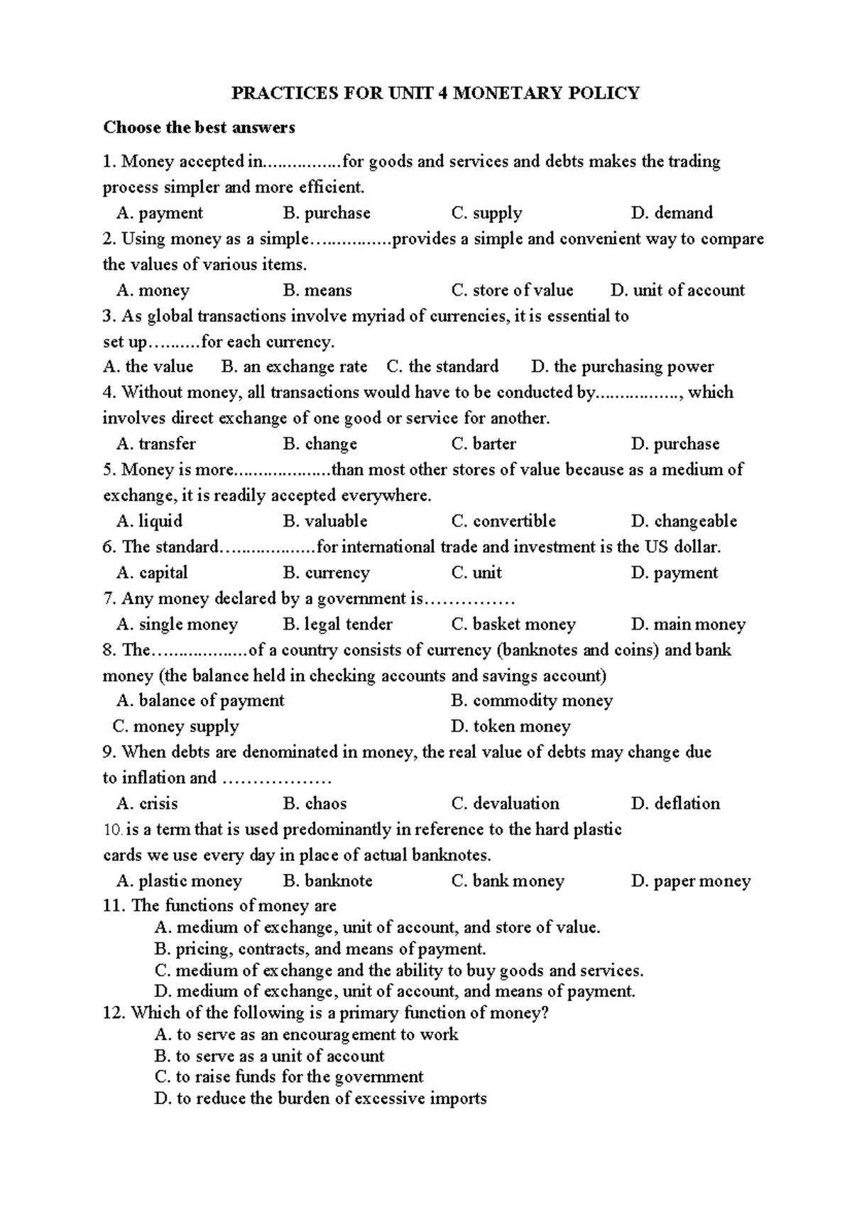 Practices FOR UNIT 4 Monetary Policy - PRACTICES FOR UNIT 4 MONETARY ...