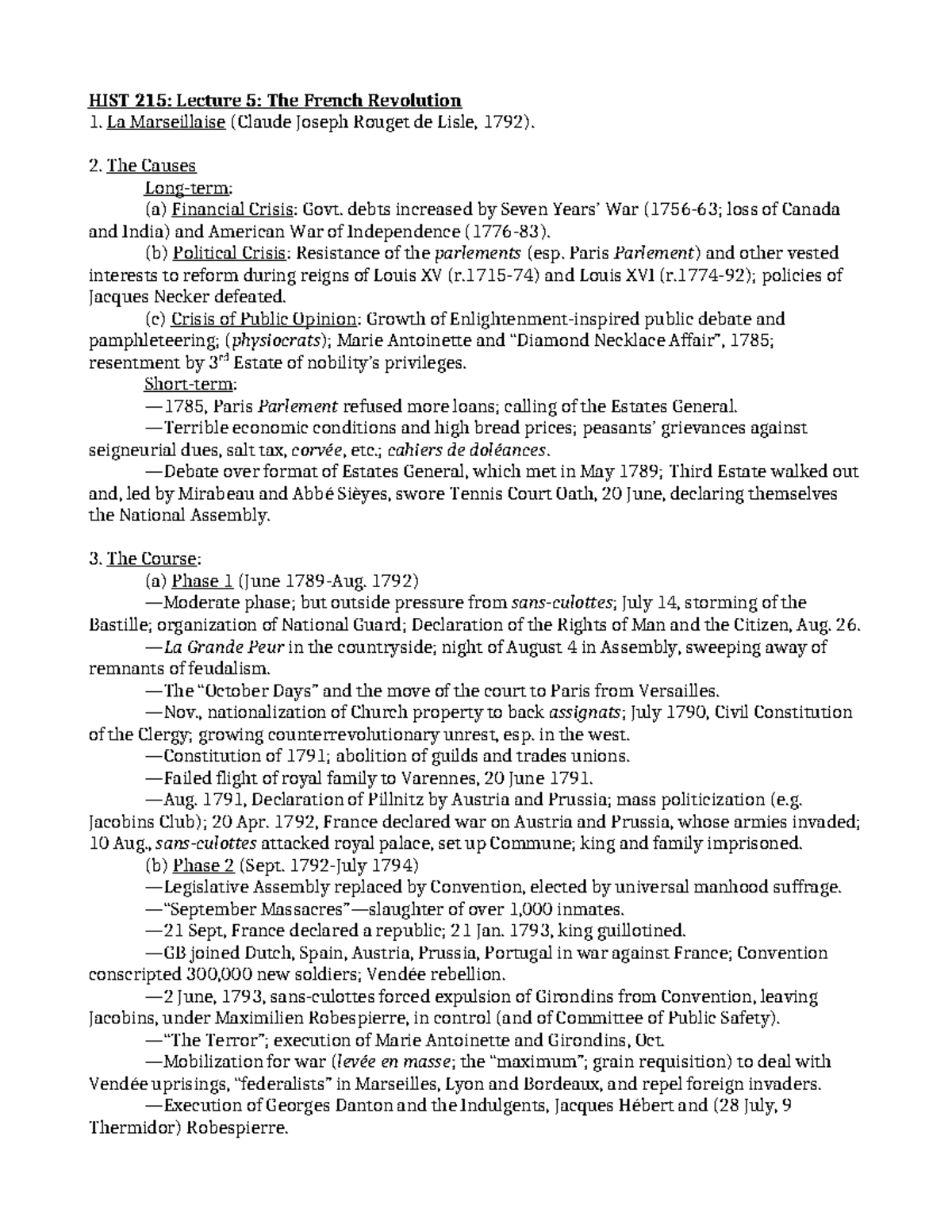 HIST 215: Lecture 5 - The French Revolution Overview and Key Events ...