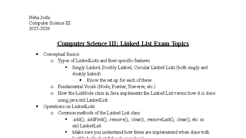 Computer Science III: Linked List Exam Topics Overview and Key Concepts ...
