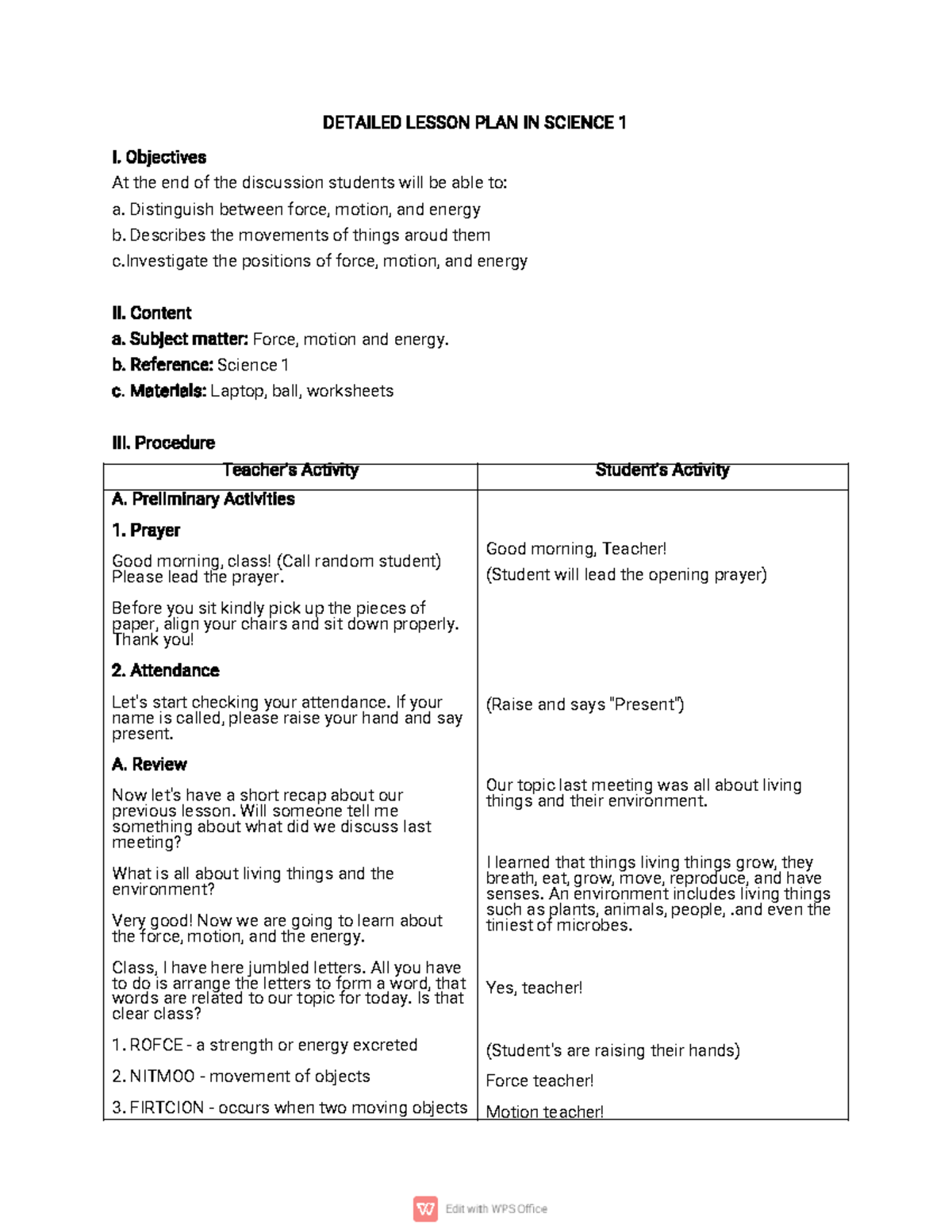 Detailed Lesson Plan: Force, Motion & Energy (Science 1) - Studocu