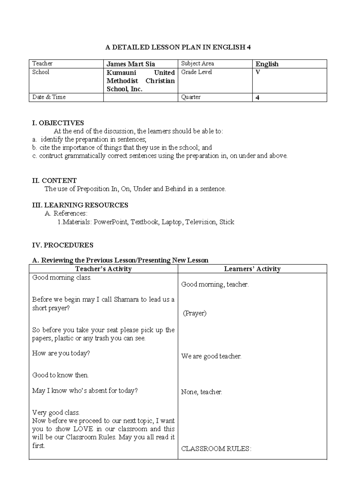 Detailed Lesson Plan on Prepositions for English 4 (DLP) - Studocu