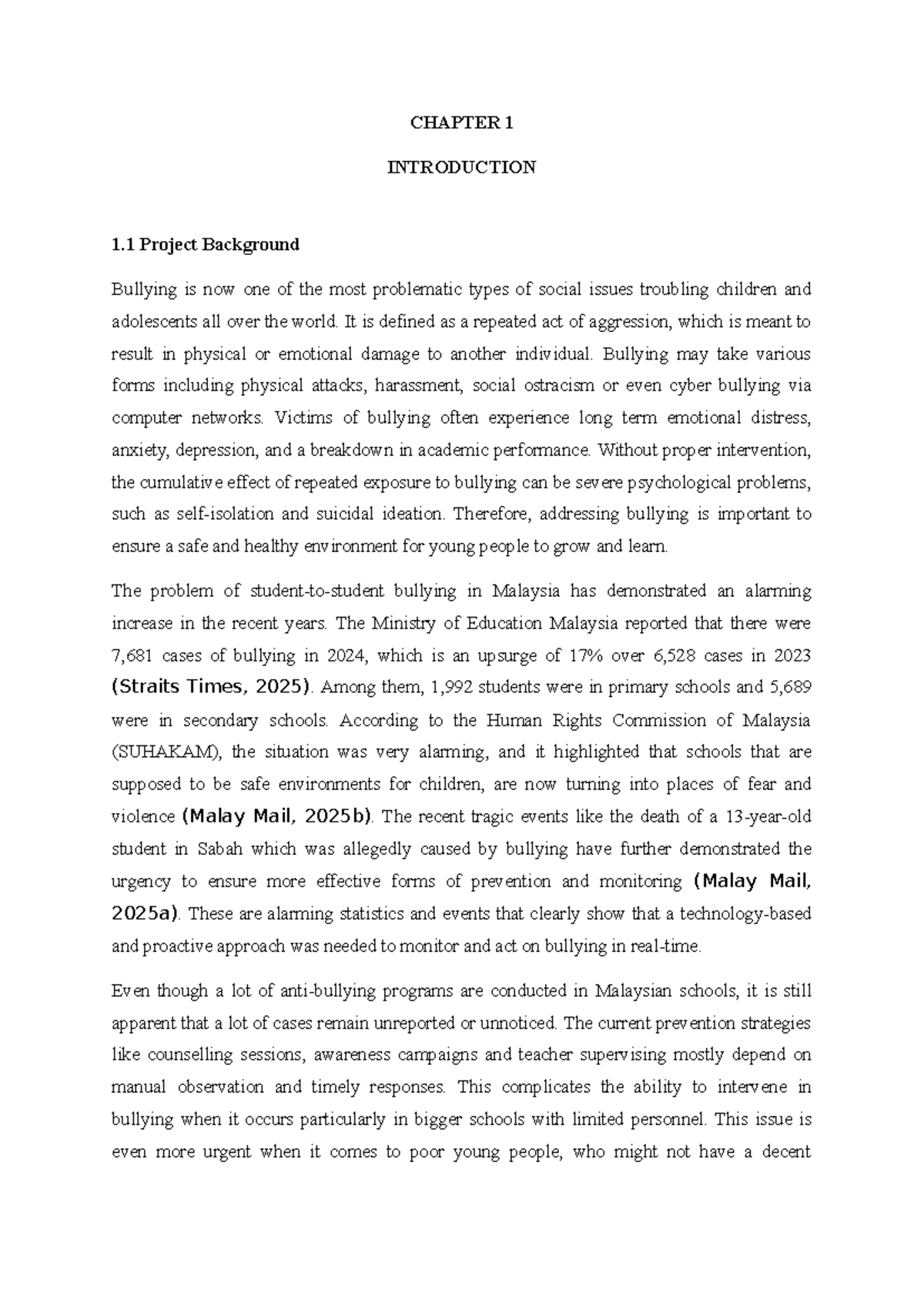 FYP 123: Chapter 1 - Introduction to Bullying Detection System - Studocu