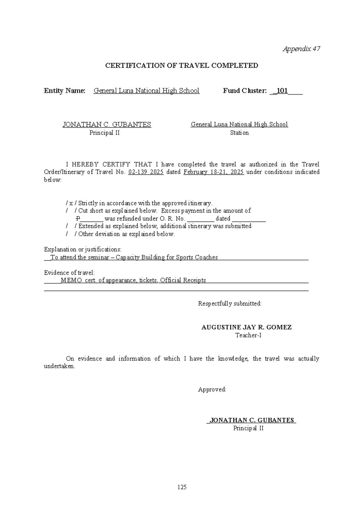 Appendix 47 - CTC-Cert. of Travel Completed - Appendix 4 7 ...