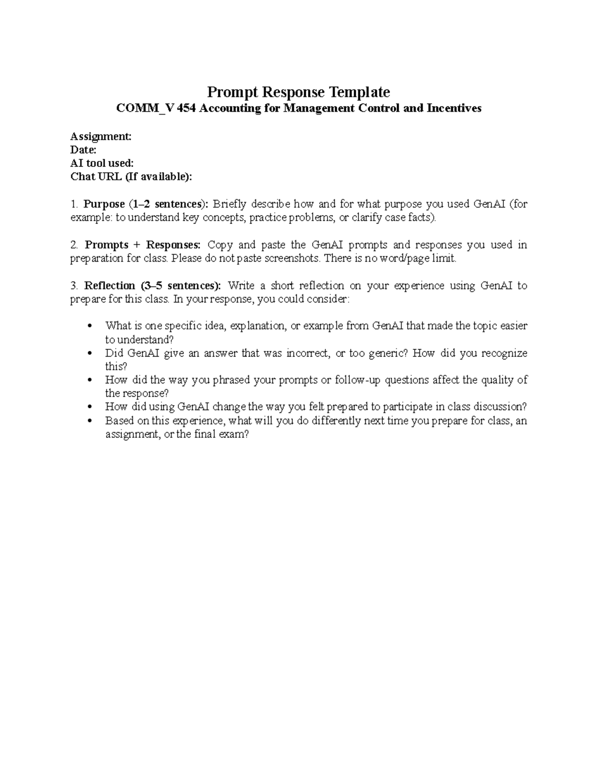 Prompt Response Template for COMM 454: Accounting for Management ...