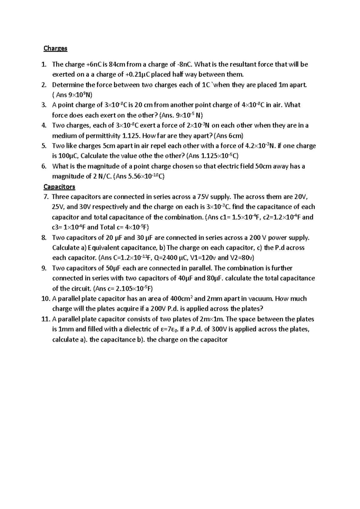 Practice Questions on Charge and Capacitors: PHYS 101 Study Guide - Studocu