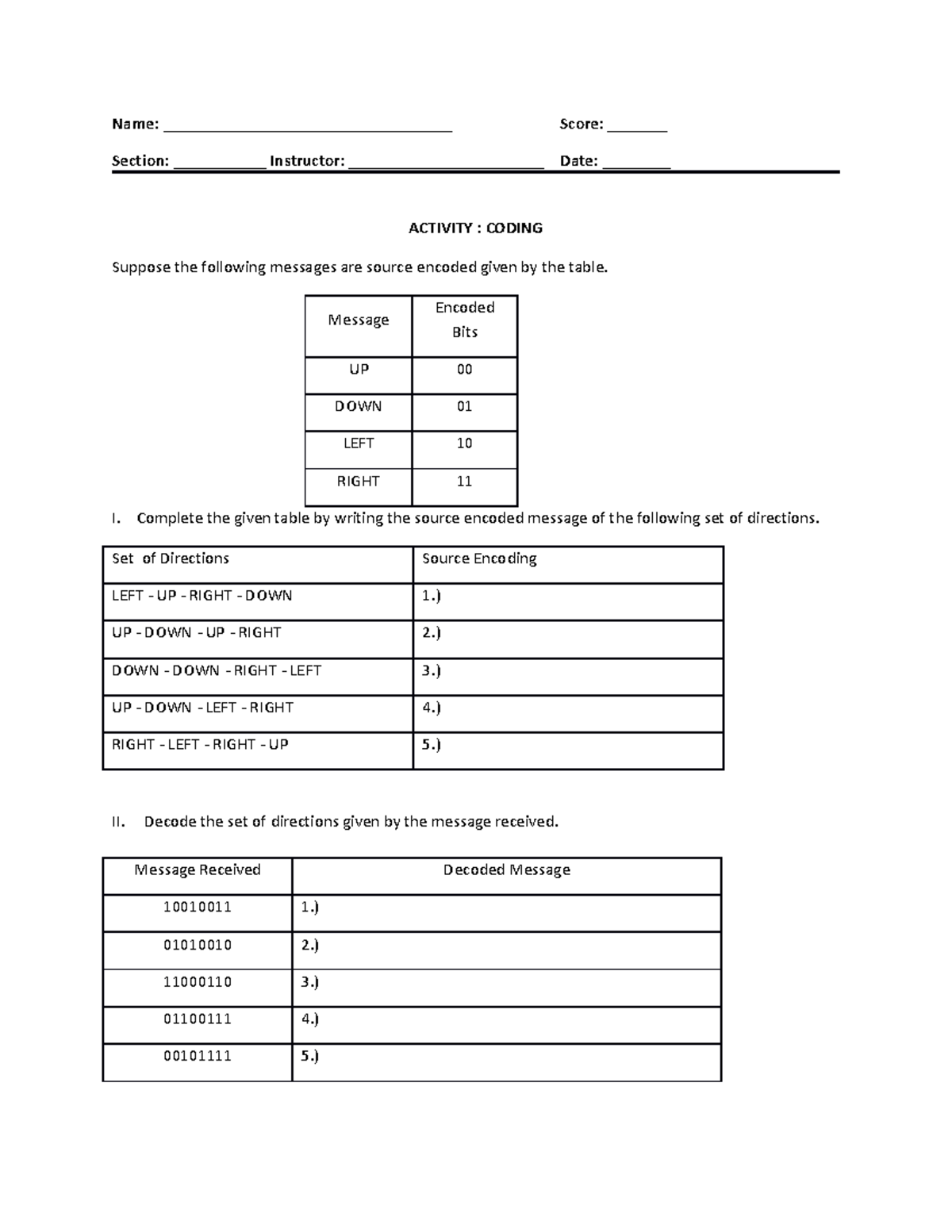 Coding - MMW - Name: __________________________________ Score ...