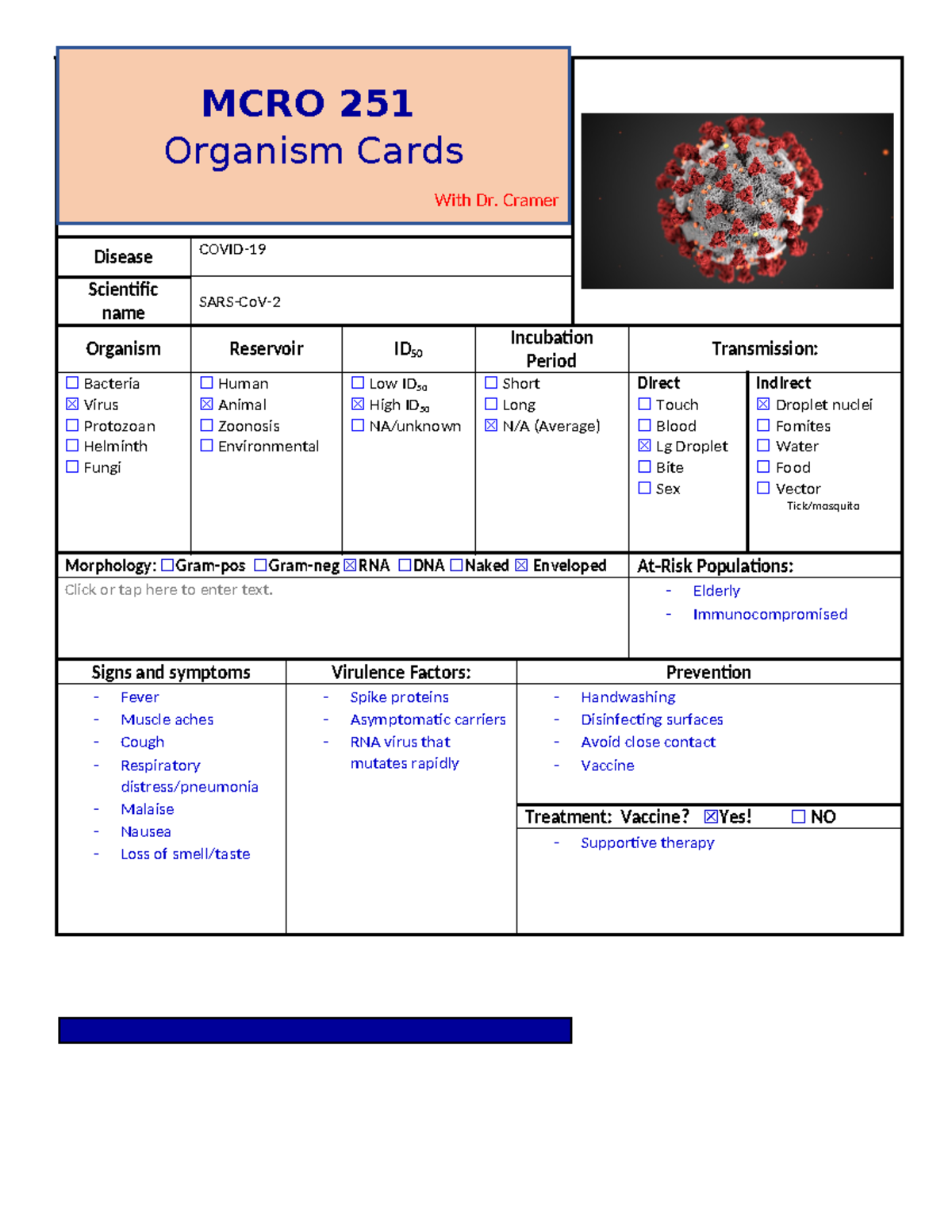 SARS-Co V-2 Organism Card - Disease COVID- Scientific name SARS-CoV ...