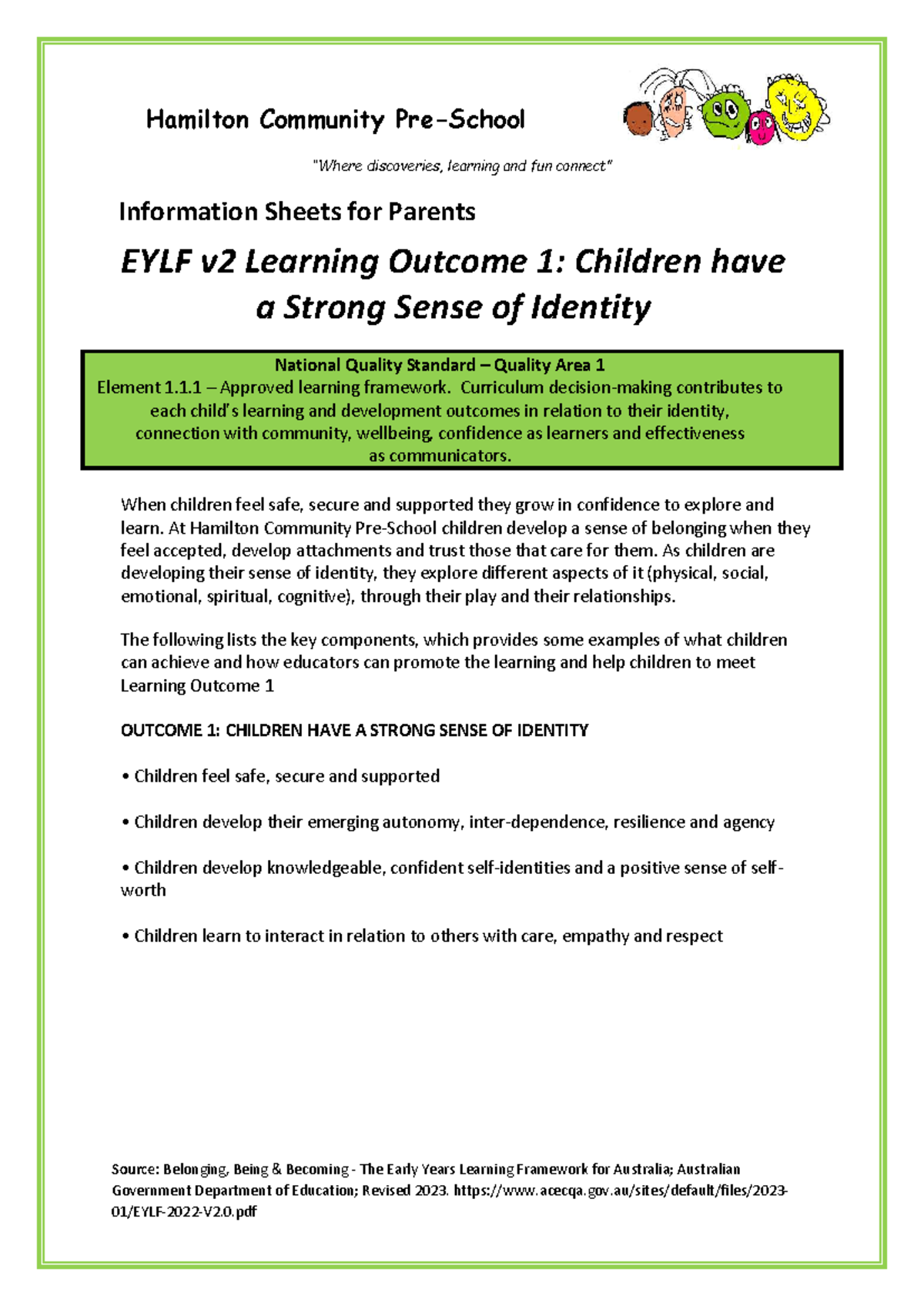 EYLF - Learning Outcome 1: Strong Sense of Identity for Children - Studocu