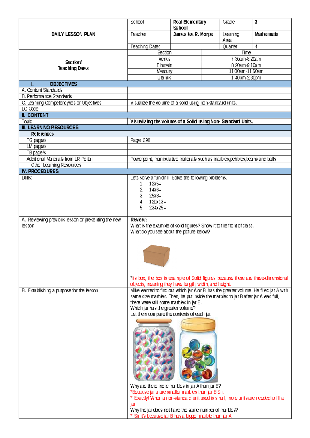 Daily Lesson Plan for Grade 3: Visualizing Volume of Solids - Studocu