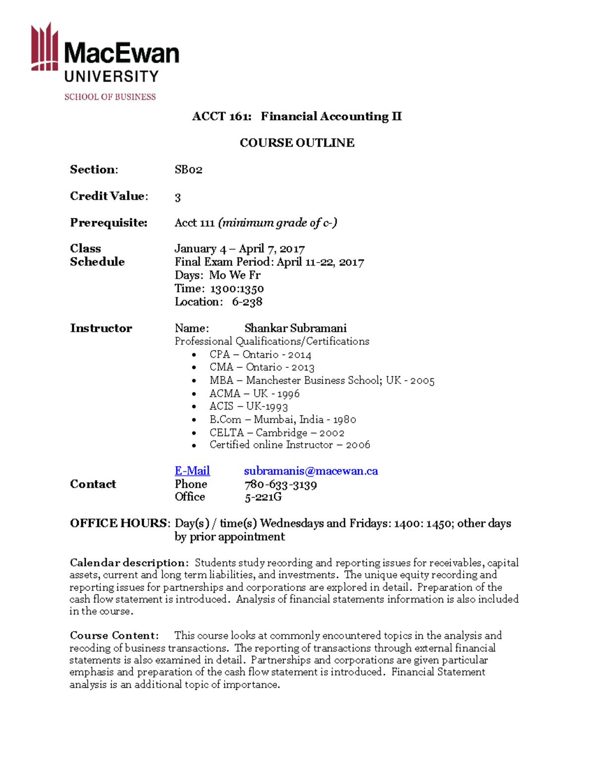 ACCT 161: Financial Accounting II Course Outline (SB02) Winter 2017 ...