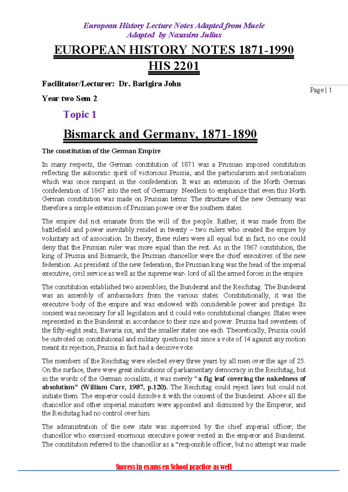 HIS 2201 European History Lecture Notes: Bismarck and the German Empire ...