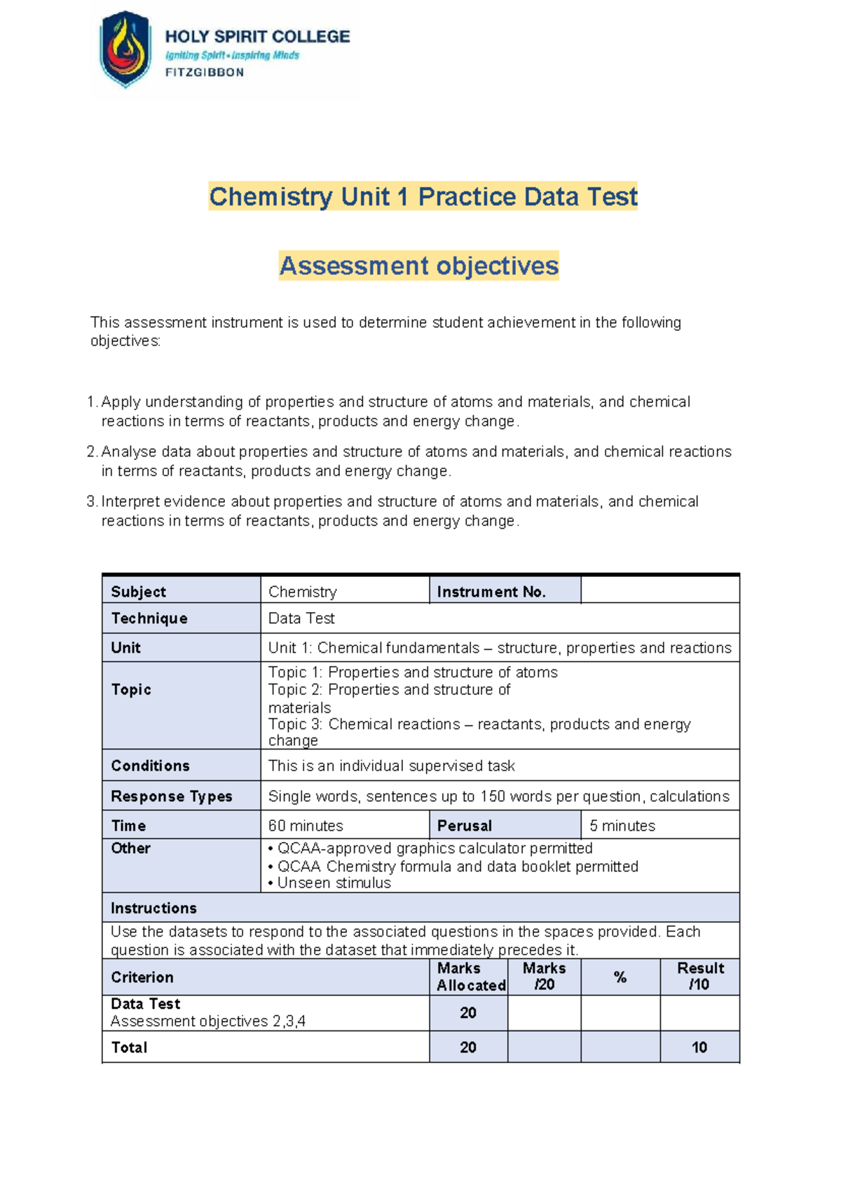 Chemistry Unit 1 Practice Data Test: Chemical Fundamentals - Studocu