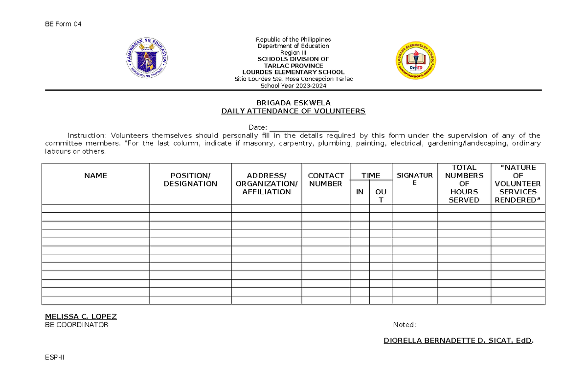 BE Form 4 Daily Attendance OF Volunteers LES - BE Form 04 Republic of ...