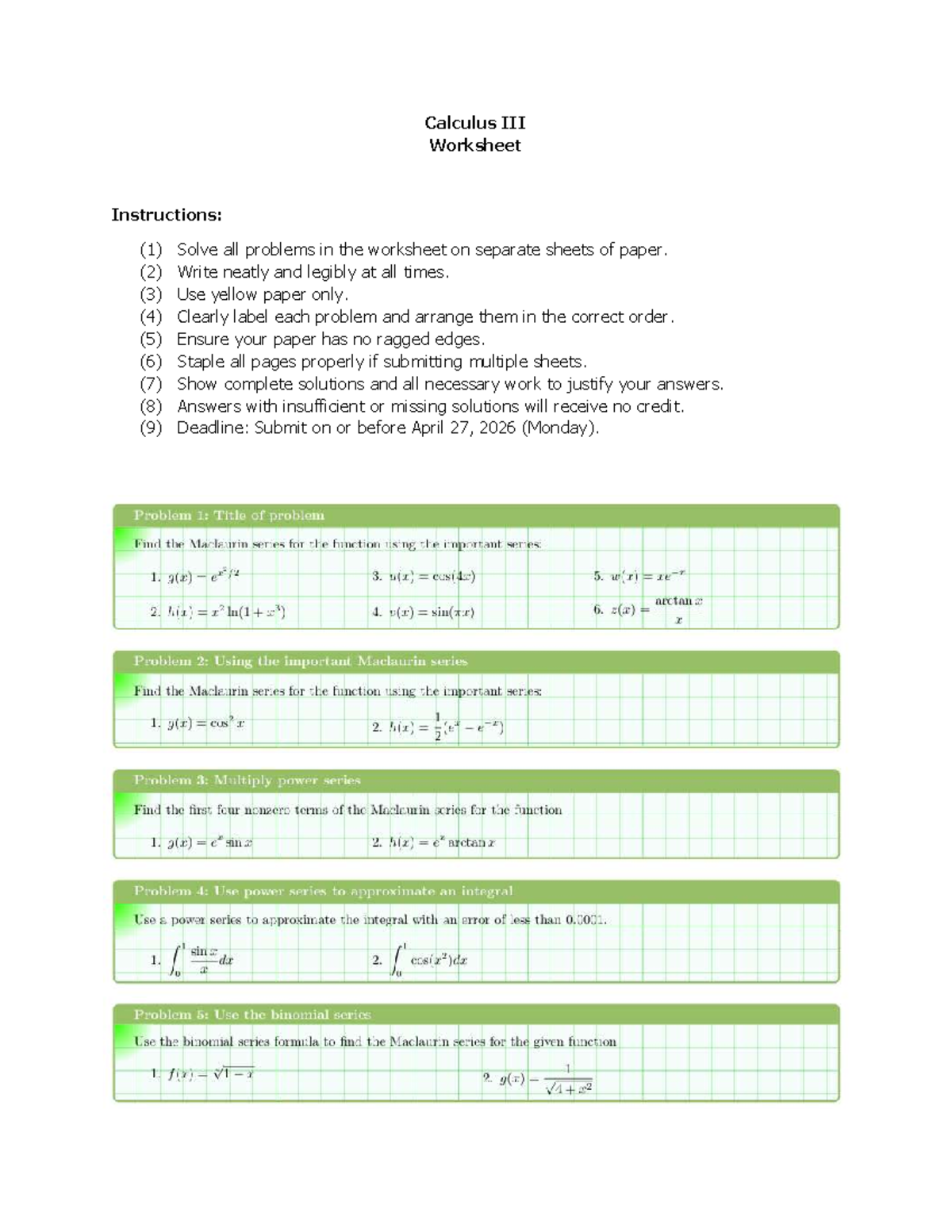 Worksheet I - Mclaurin and Taylor Series - Calculus III Worksheet ...