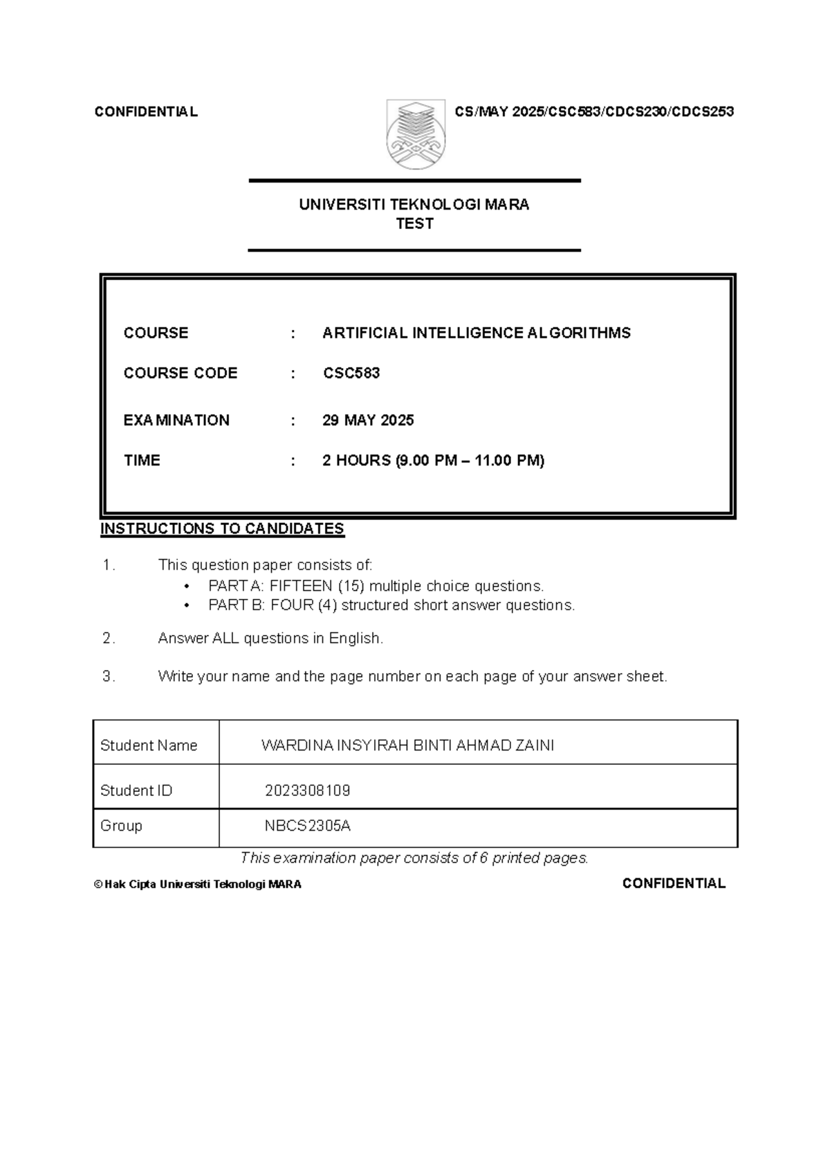 CSC583 Final Exam: Artificial Intelligence Algorithms - May 2025 - Studocu