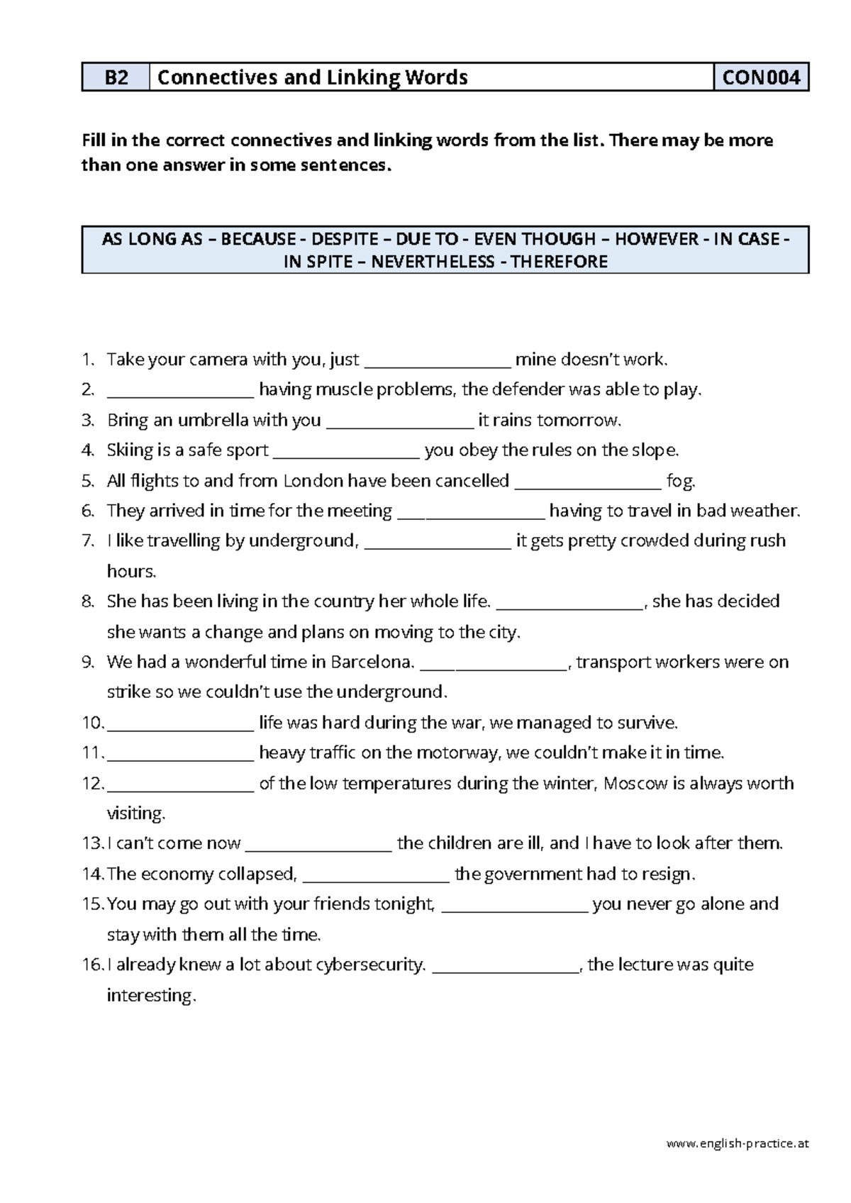 B2 Connectives and Linking Words Practice Exercise - Studocu