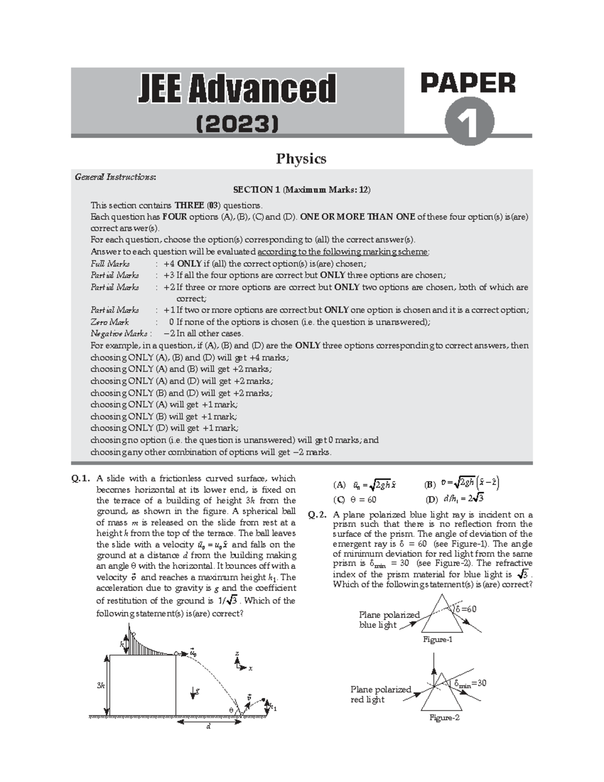 JEE Advanced Physics Paper 1 (2023) General Instructions and Questions ...