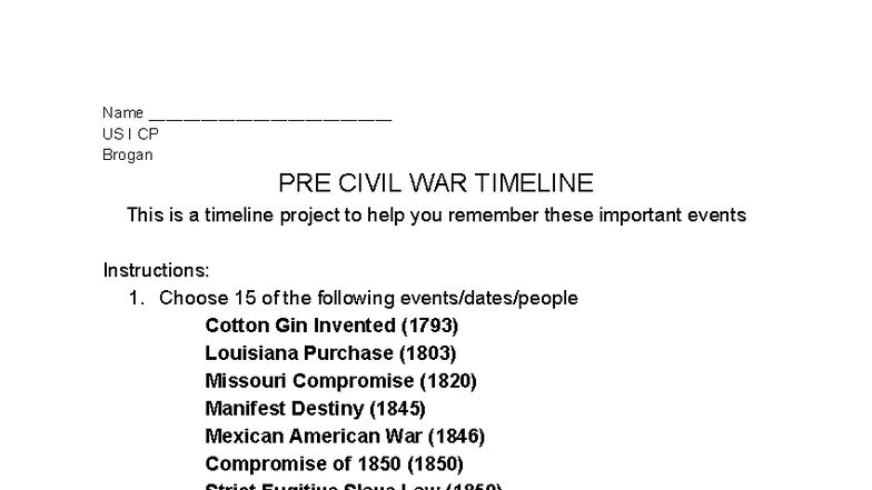 US I CP Brogan Pre Civil War Timeline Project Guide - Studocu