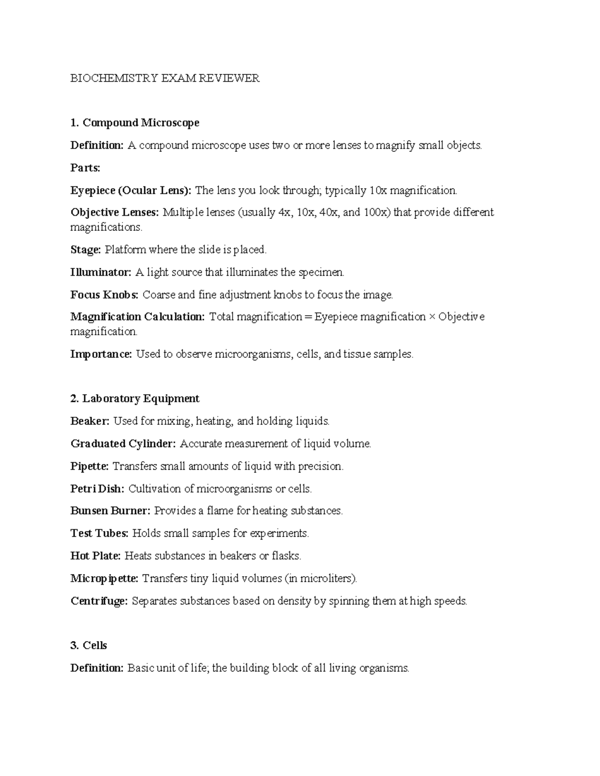 Biochemistry-EXAM- Review Notes on Cells & Laboratory Equipment - Studocu