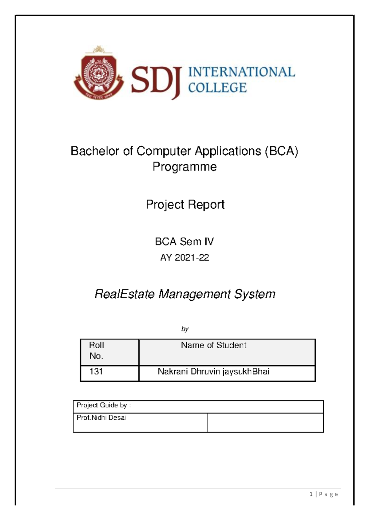 BCA Sem IV Project Report: Real Estate Management System by 131 Dhruvin ...