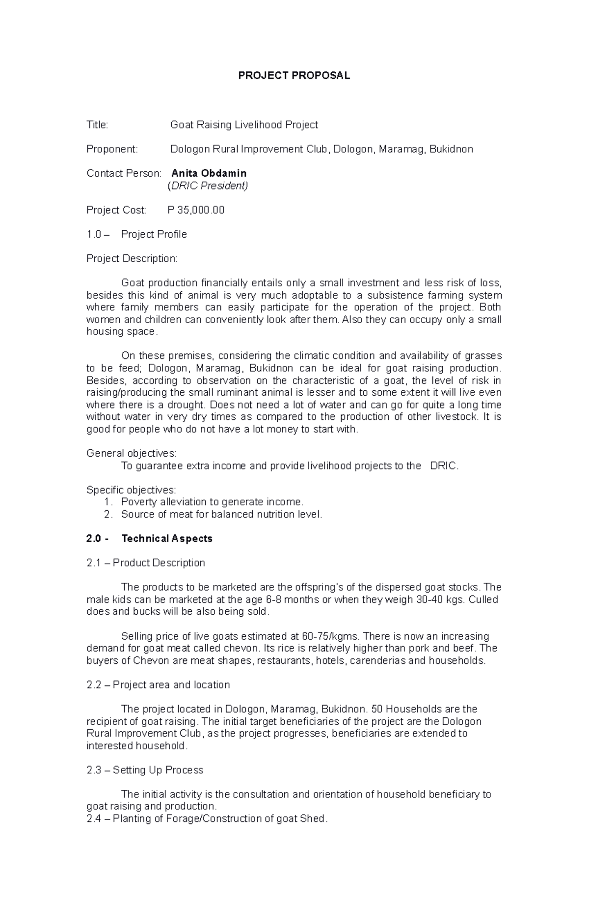 Goat Raising Livelihood Project Proposal - Essay - Studocu