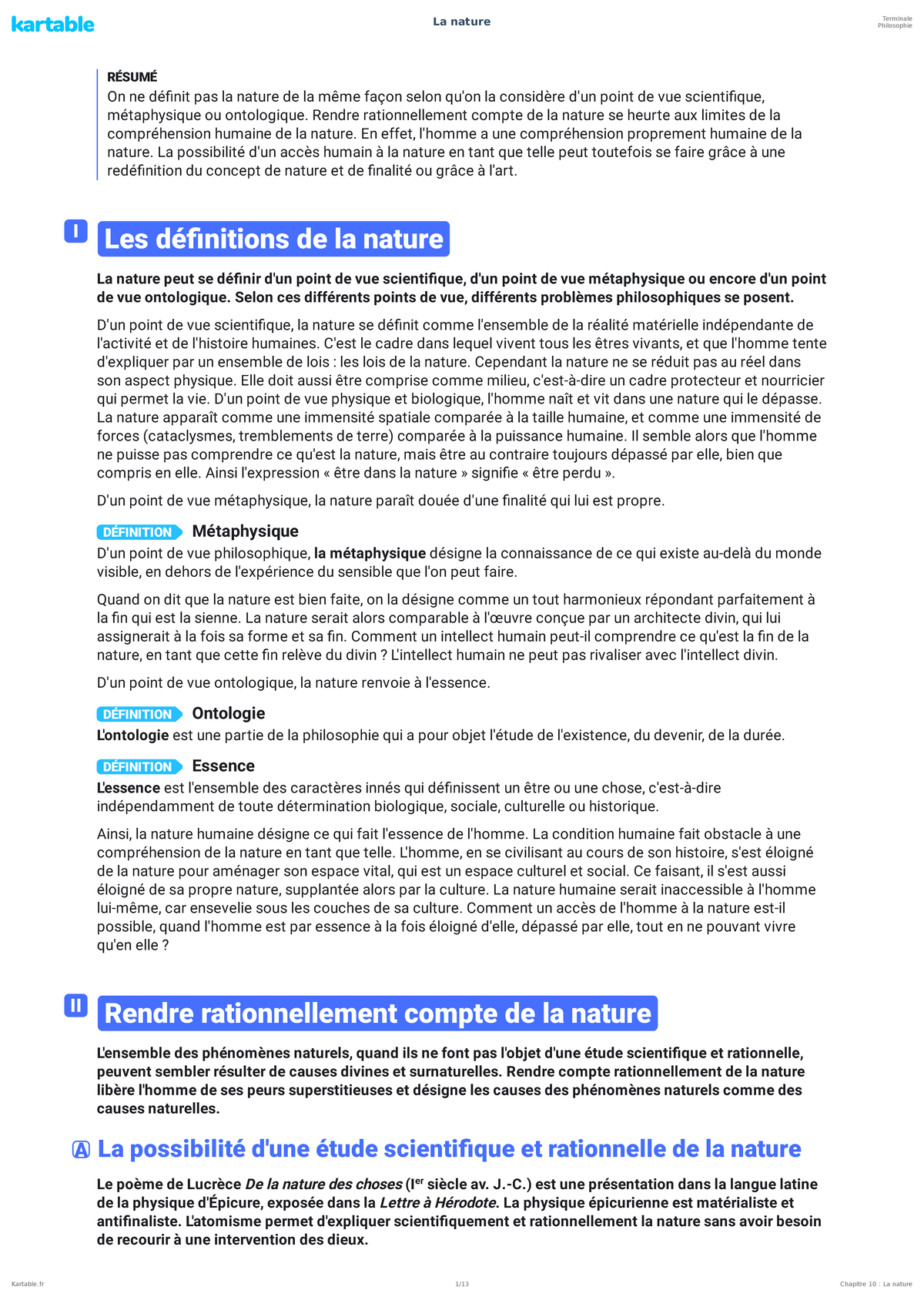 Chapitre 10 : La Nature en Philosophie - Terminale RÉSUMÉ - Studocu