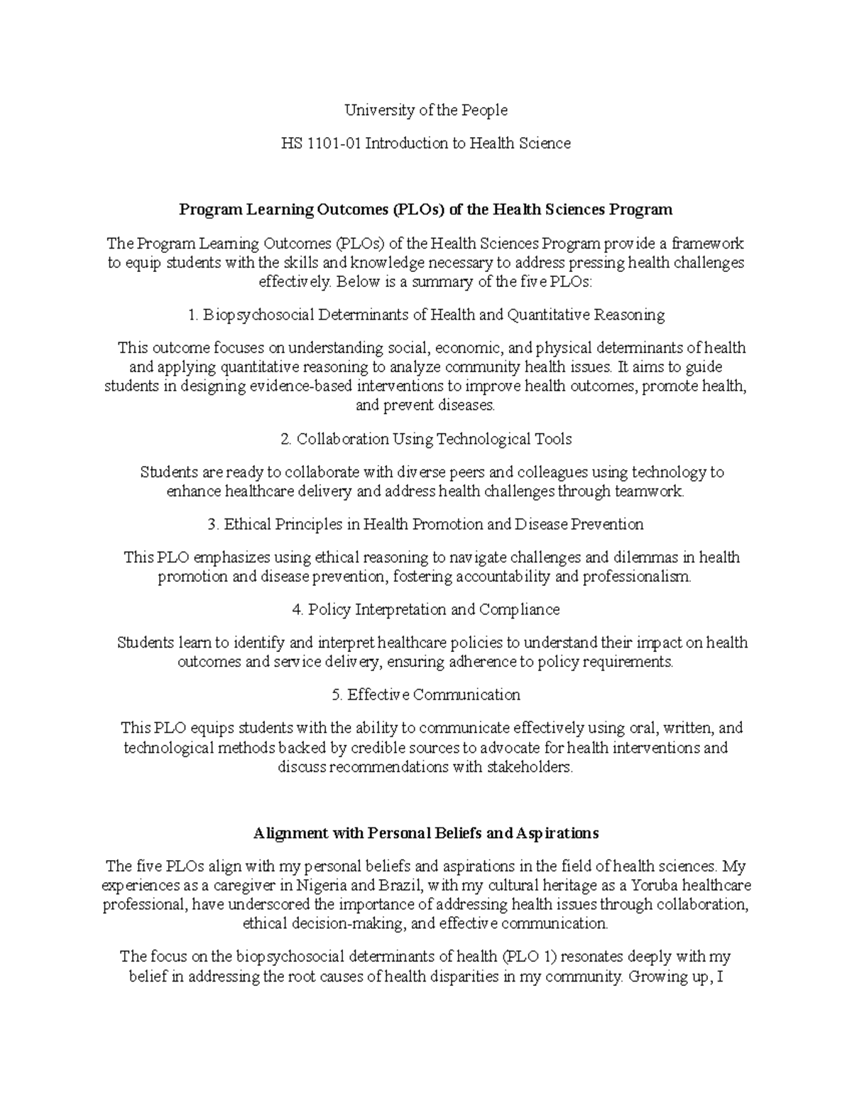 HS 1101-01 Health Science Written Assignment: Unit 1 PLO Summary - Studocu