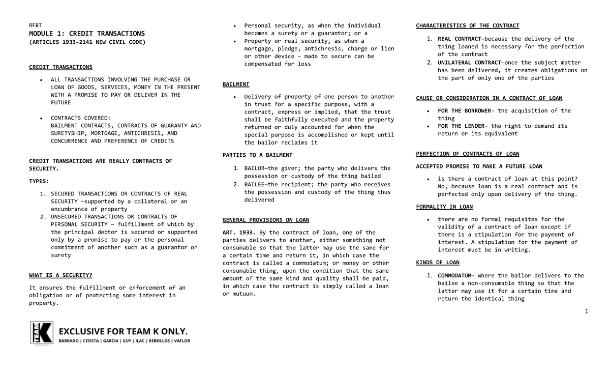 CREDIT TRANSACTIONS: Commodatum & Mutuum Analysis (RFBT Module 1) - Studocu