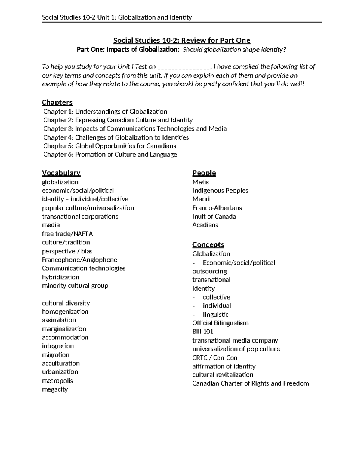 Social Studies Exam Review 23-24: Unit 1 - Globalization & Identity ...