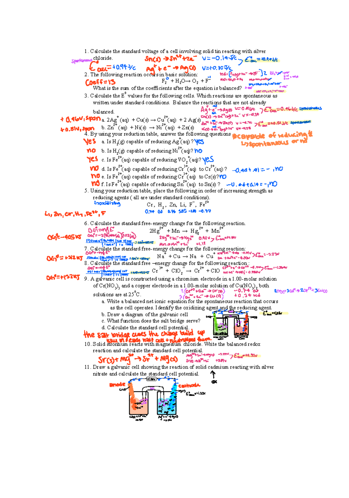 Electrochem Worksheet 1: Standard Cell Potentials & Reactions - Studocu