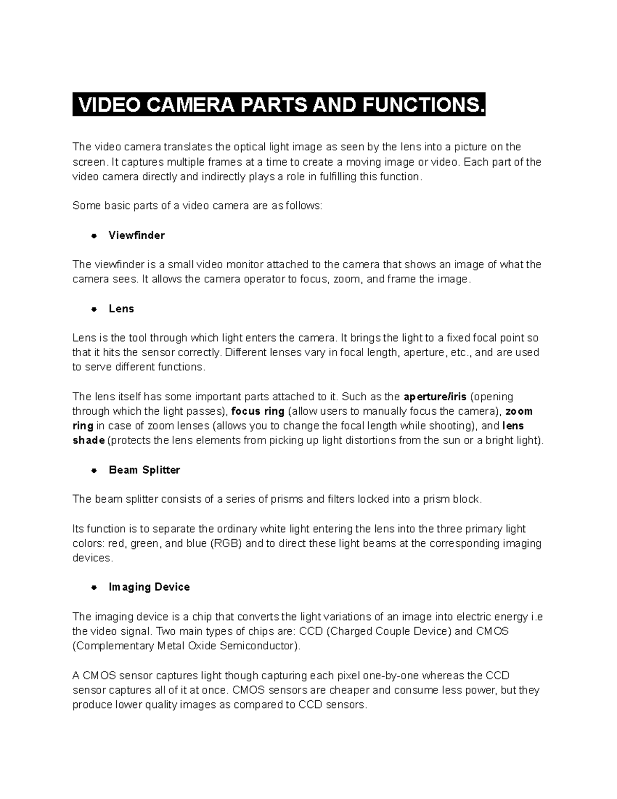 VIDEO CAMERA PARTS & FUNCTIONS - UNIT 1 Introduction Notes - Studocu