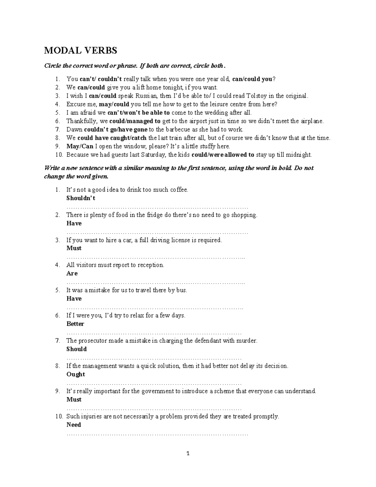 Modal Verbs Practice - English Document for Course MODAL-VERBS - Studocu